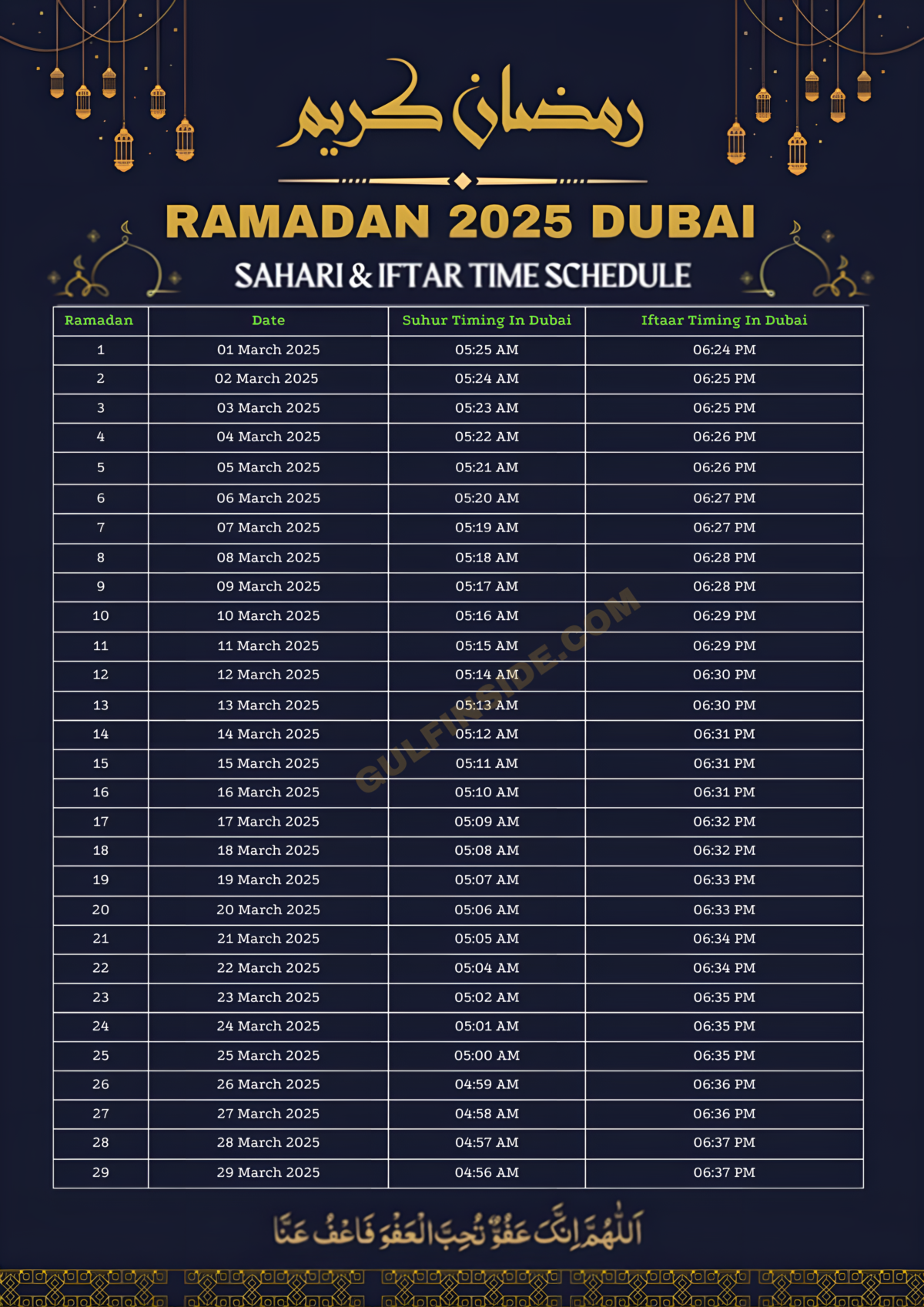 Ramadan 2025 Calendar Dubai Suhoor & Iftar Timings, United Arab ...