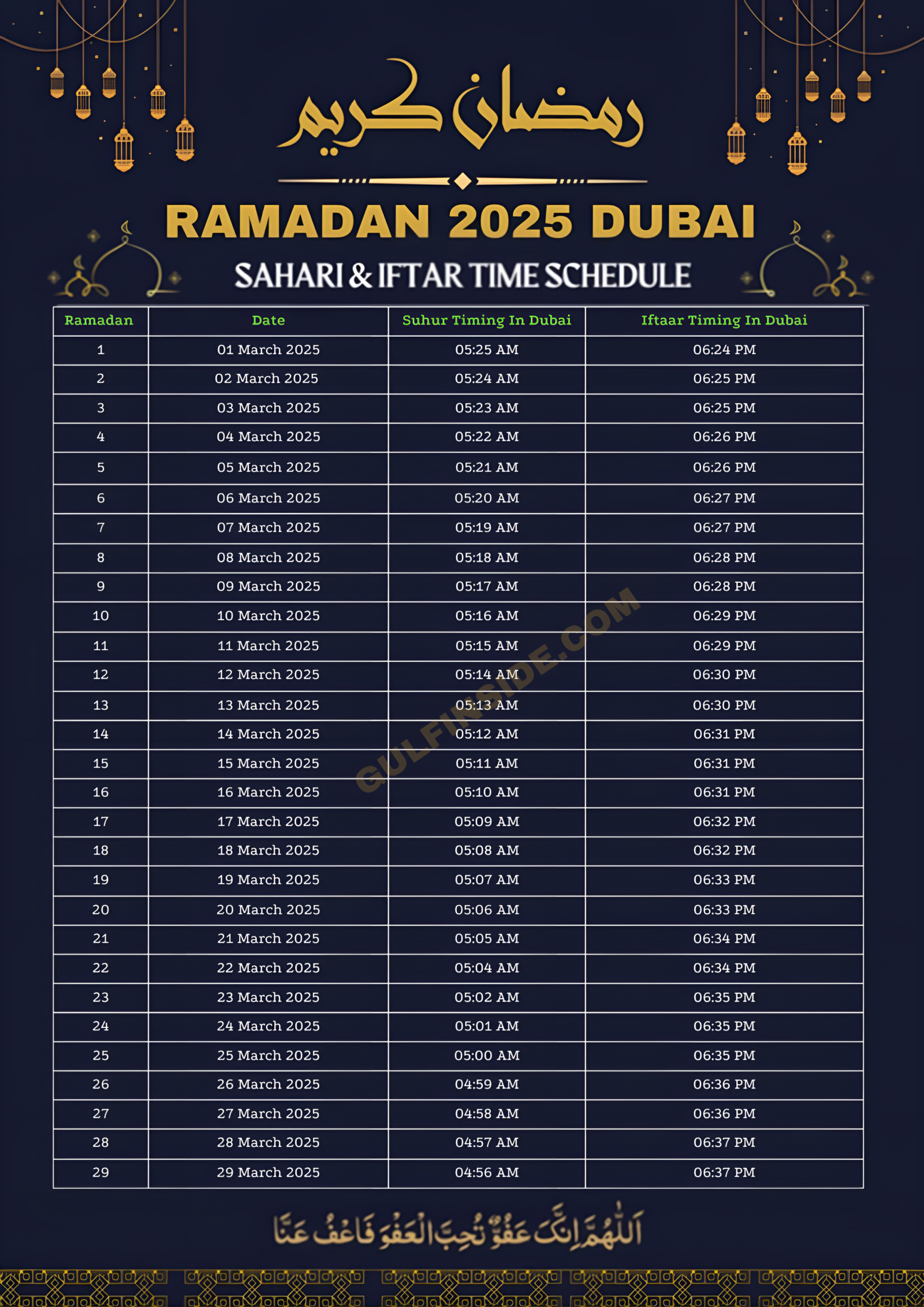 Ramadan 2025 Calendar Dubai Suhoor & Iftar Timings, United Arab ...
